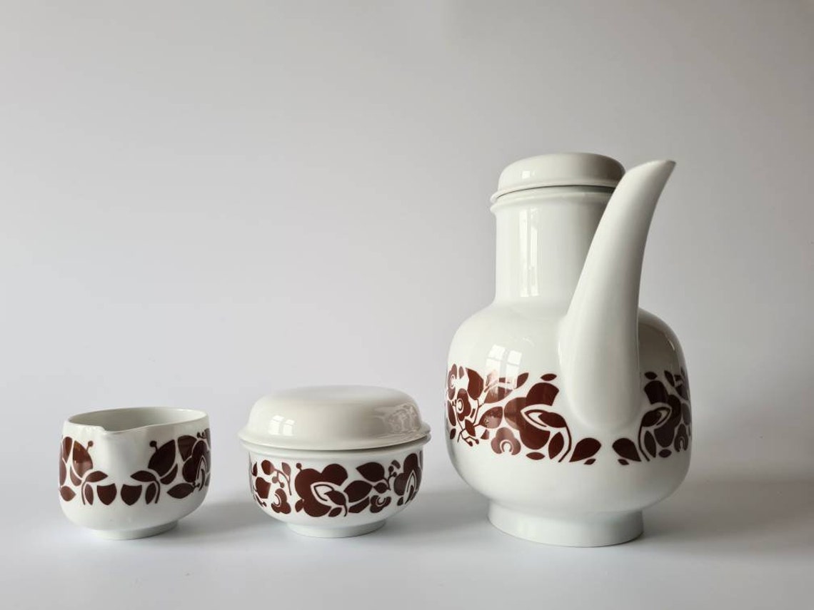 Melitta Vintage 1970s Set. Teapot & Sugar + Creamer Set. Brown Flower ...