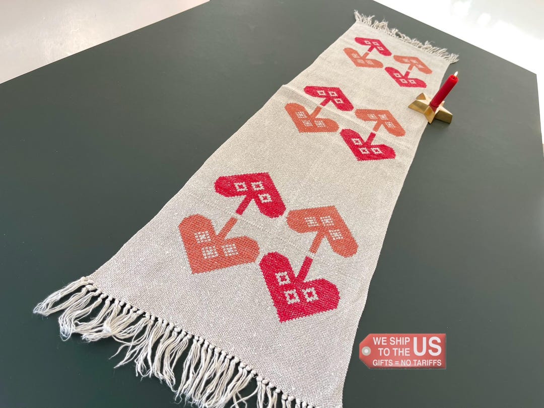 70s Danish Handmade Table Runner With Christmas Hearts. Cross Stitch ...