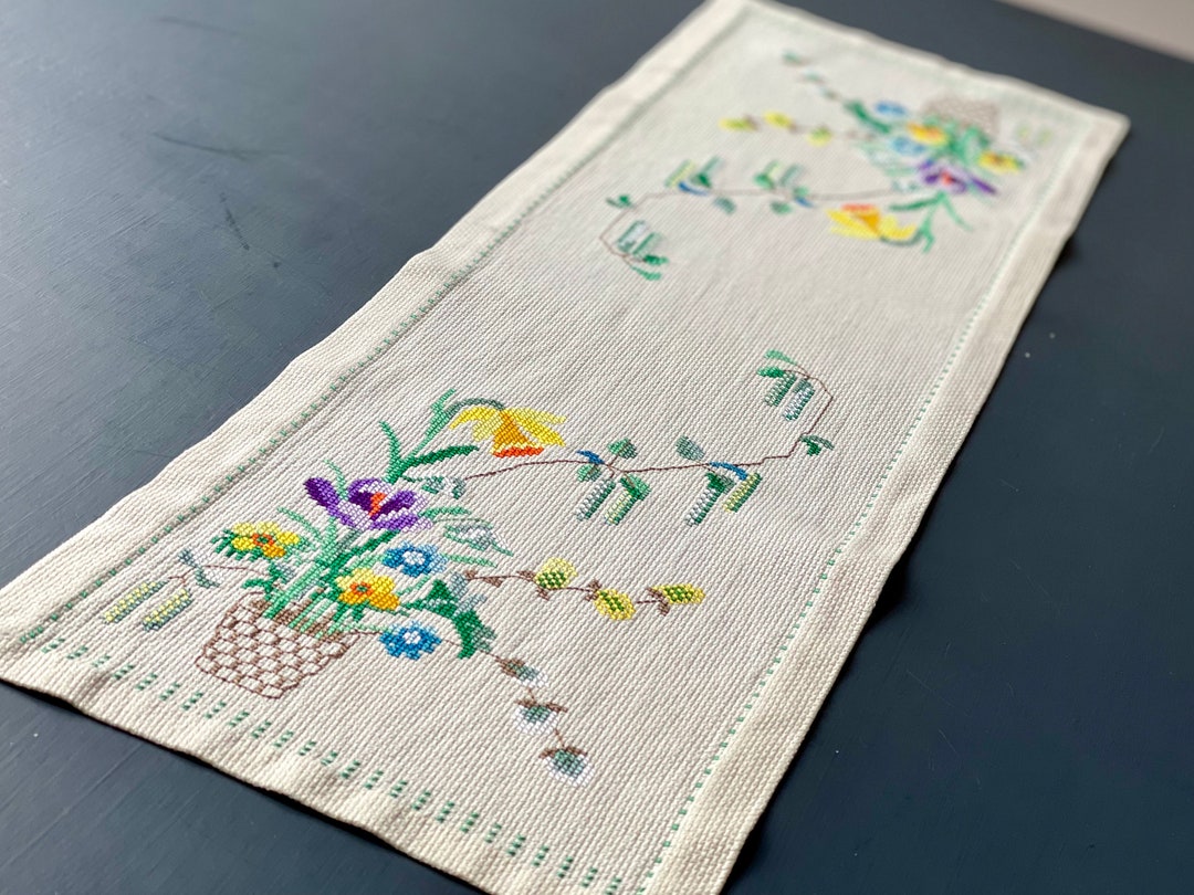 Danish Easter Cross Stitched Table Runner With Spring Flowers, Birch ...