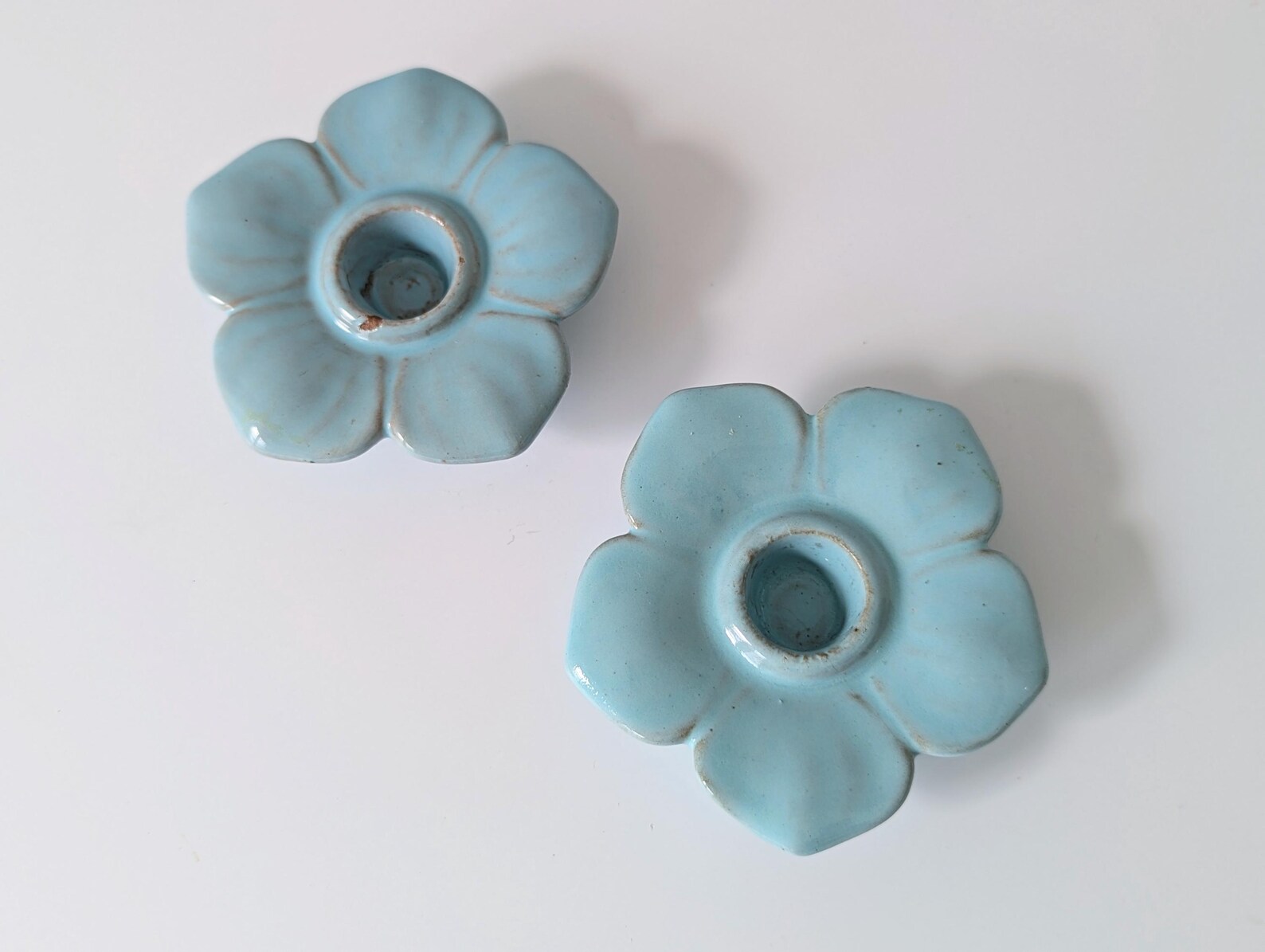 PALSHUS Denmark. Blue Flower Candleholders: Set of 2. Vintage Stoneware ...
