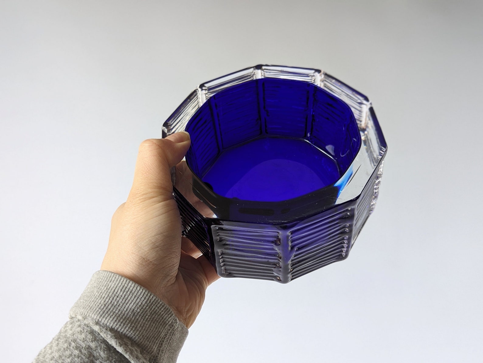 1970s Thick Glass Bowl - Layered Blue & Clear Bowl / Ashtray. Decagon ...