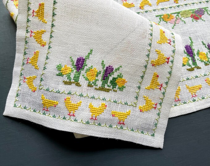 Cross Stitch With Spring Flowers and Baby Chicks - Handmade Linen Table ...