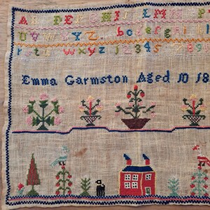 Antique 1858 Needlework Sampler, Emma Garmston, Red House, Alphabet ...