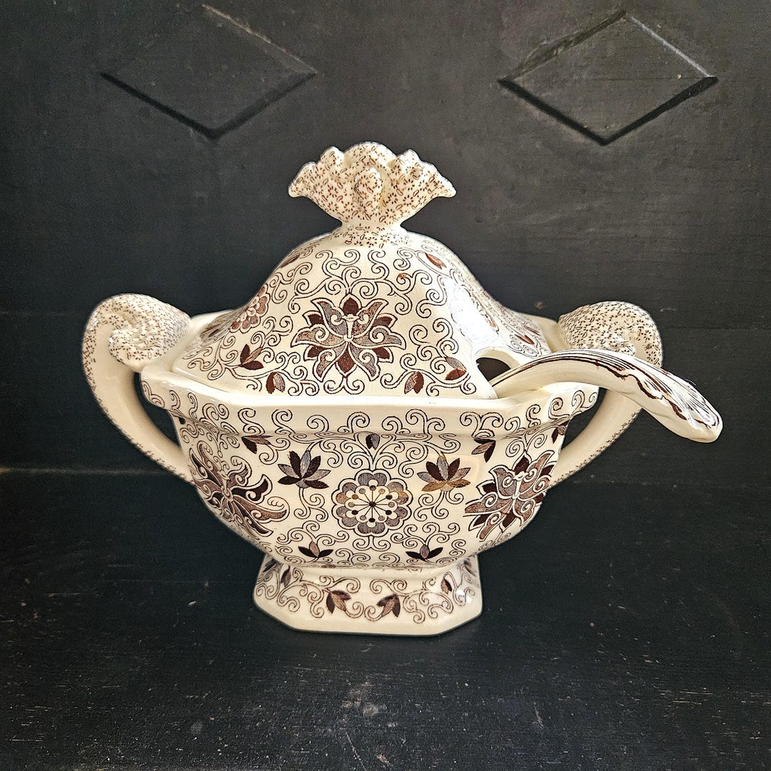 Vintage Brown Transferware Covered Tureen & Ladle, Mason's Bow Bells ...