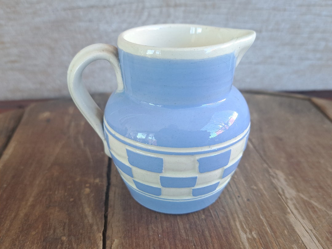 Antique Blue Mocha Ware Pitcher, Checkered Jug, Checkerboard Mocha ...