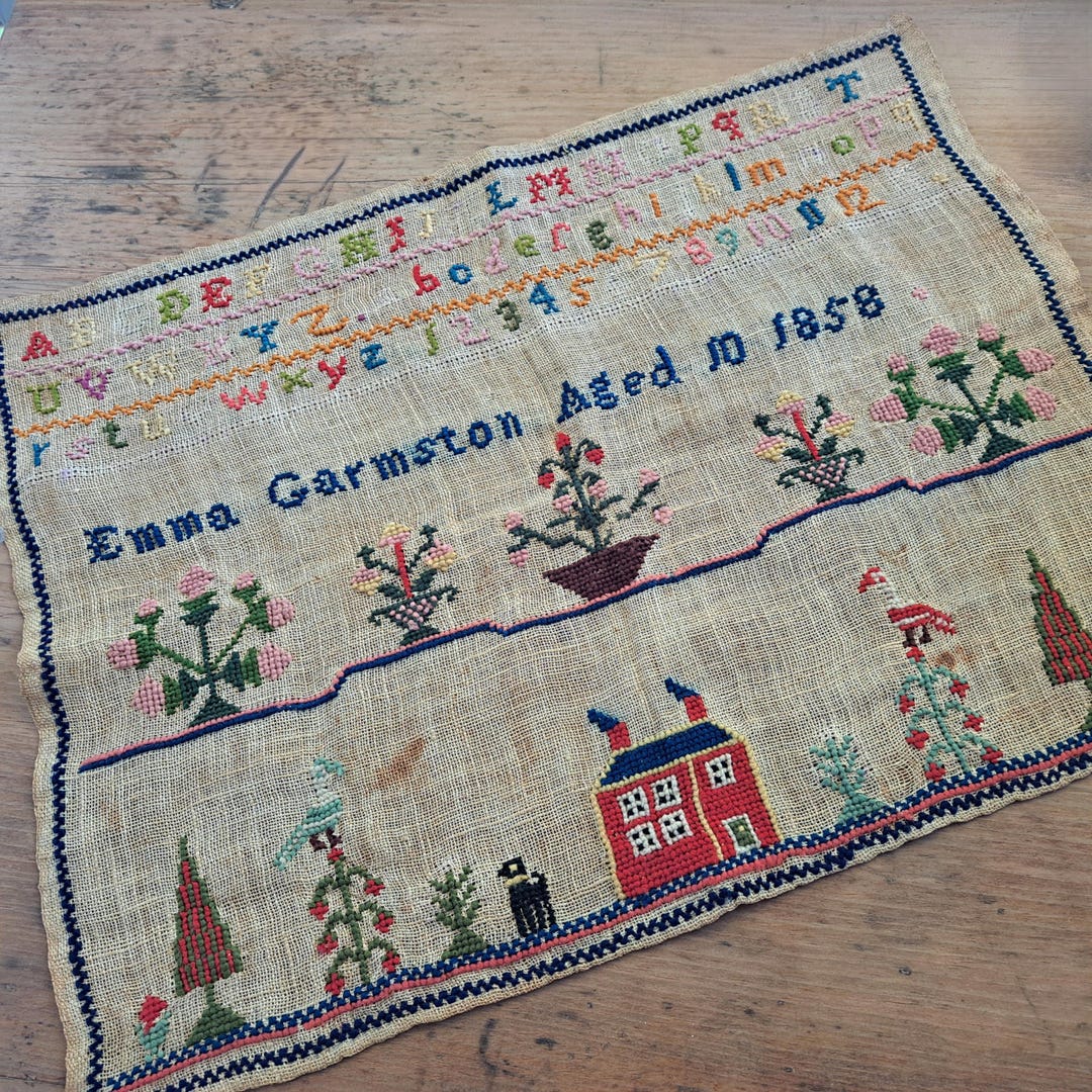 Antique 1858 Needlework Sampler, Emma Garmston, Red House, Alphabet ...