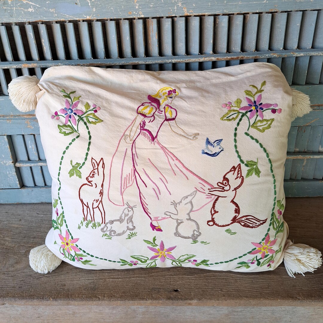 Vintage Embroidered Fairy Tale Pillow, Princess Pillow, Animals ...