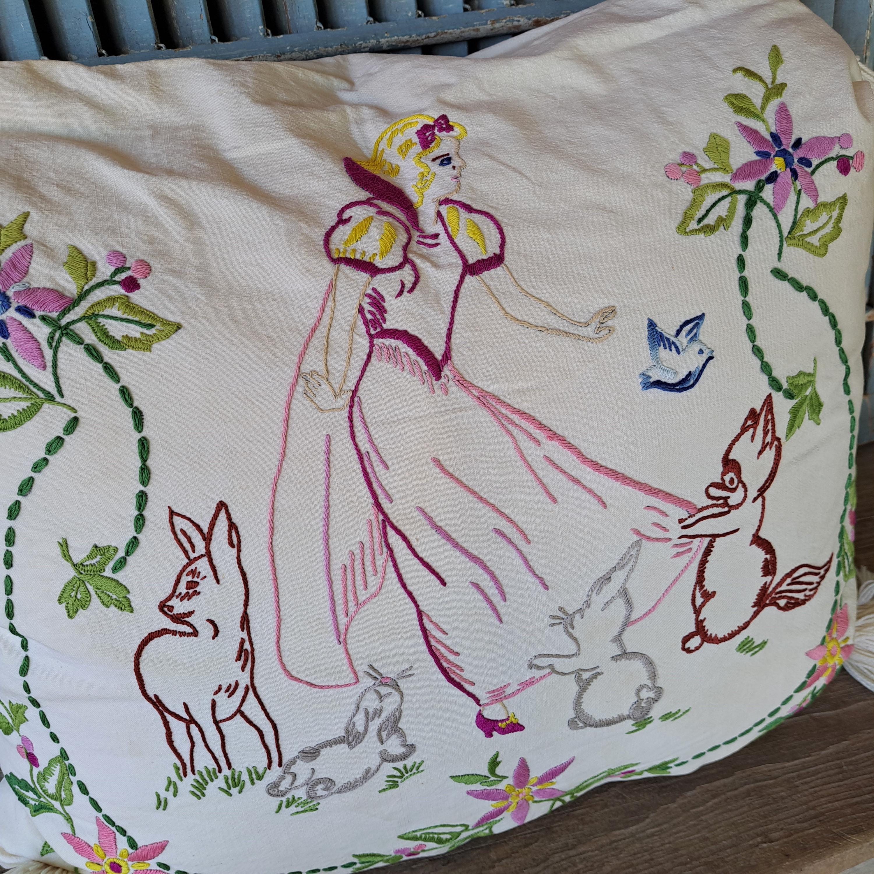 Vintage Embroidered Fairy Tale Pillow, Princess Pillow, Animals ...