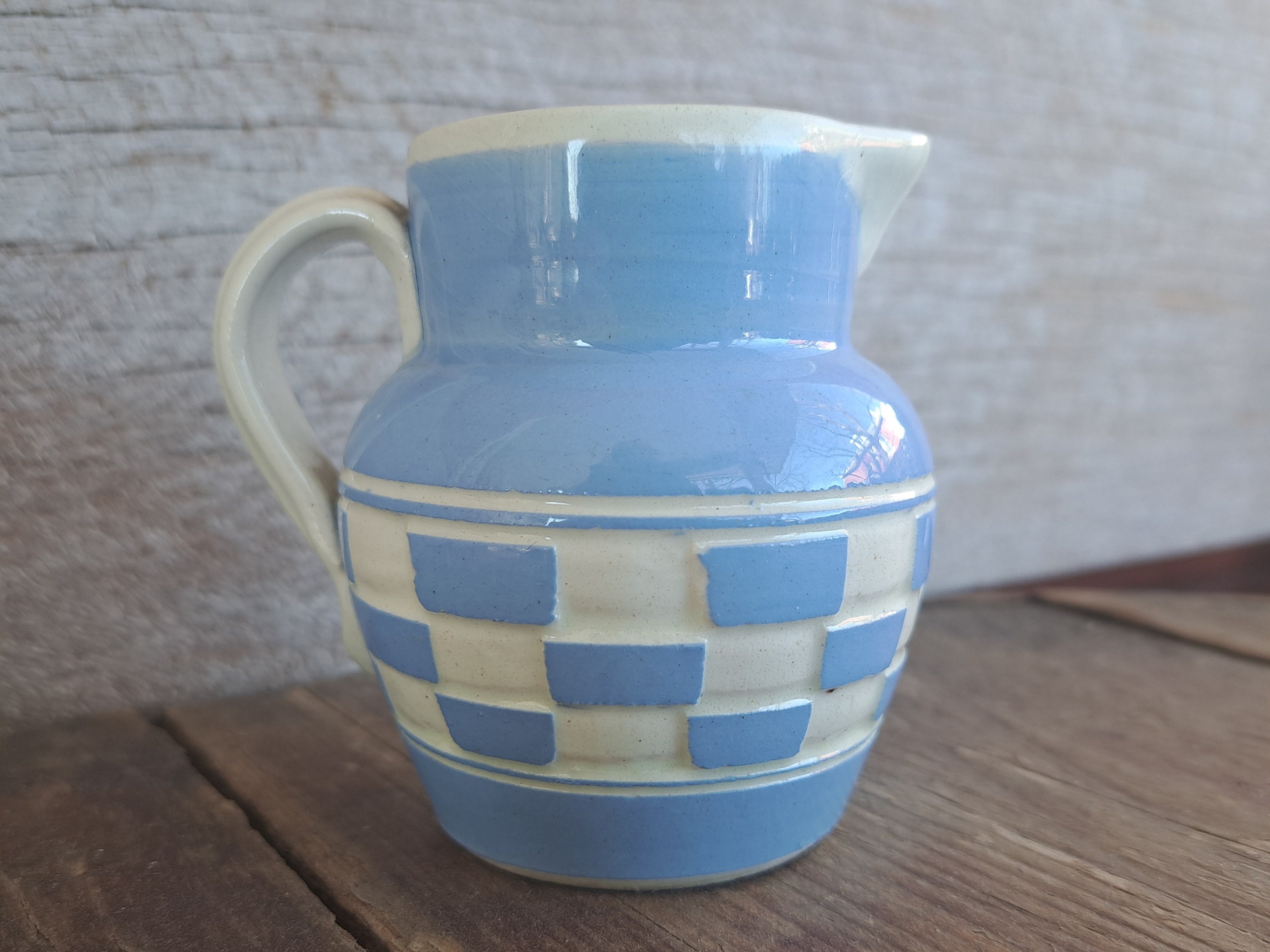 Antique Blue Mocha Ware Pitcher, Checkered Jug, Checkerboard Mocha ...