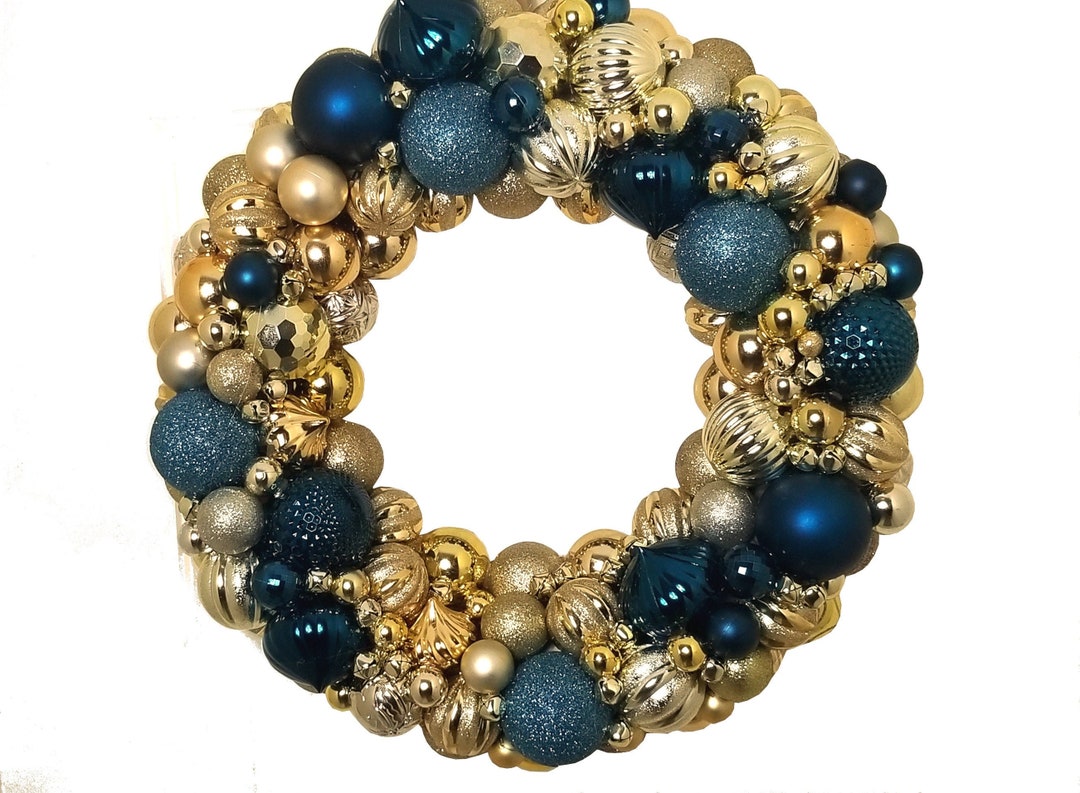 Christmas Ornament Wreath W/jingle Bells, 21" Gorgeous Blue and Gold ...