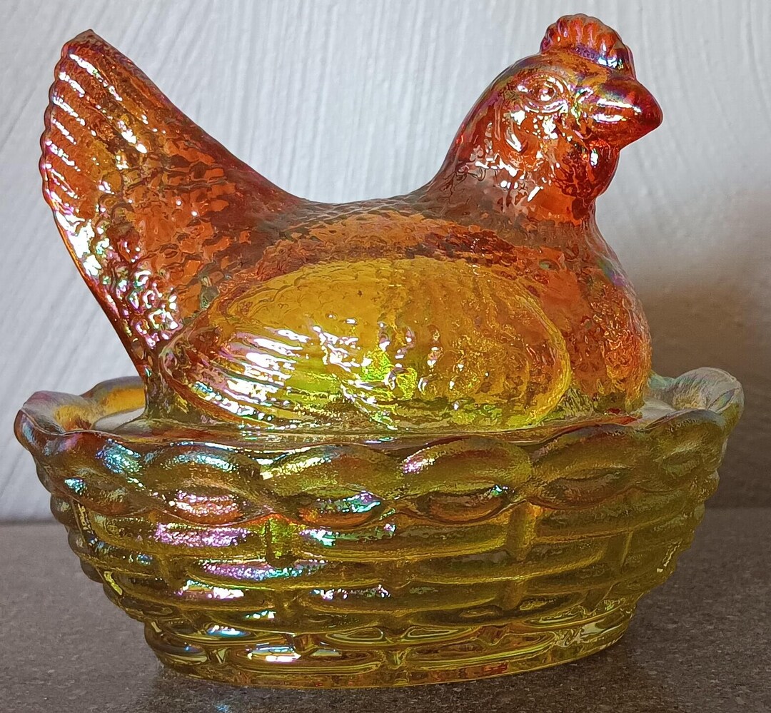 Marigold Carnival Glass Covered 3" Chicken Dish Hen on Nest ...
