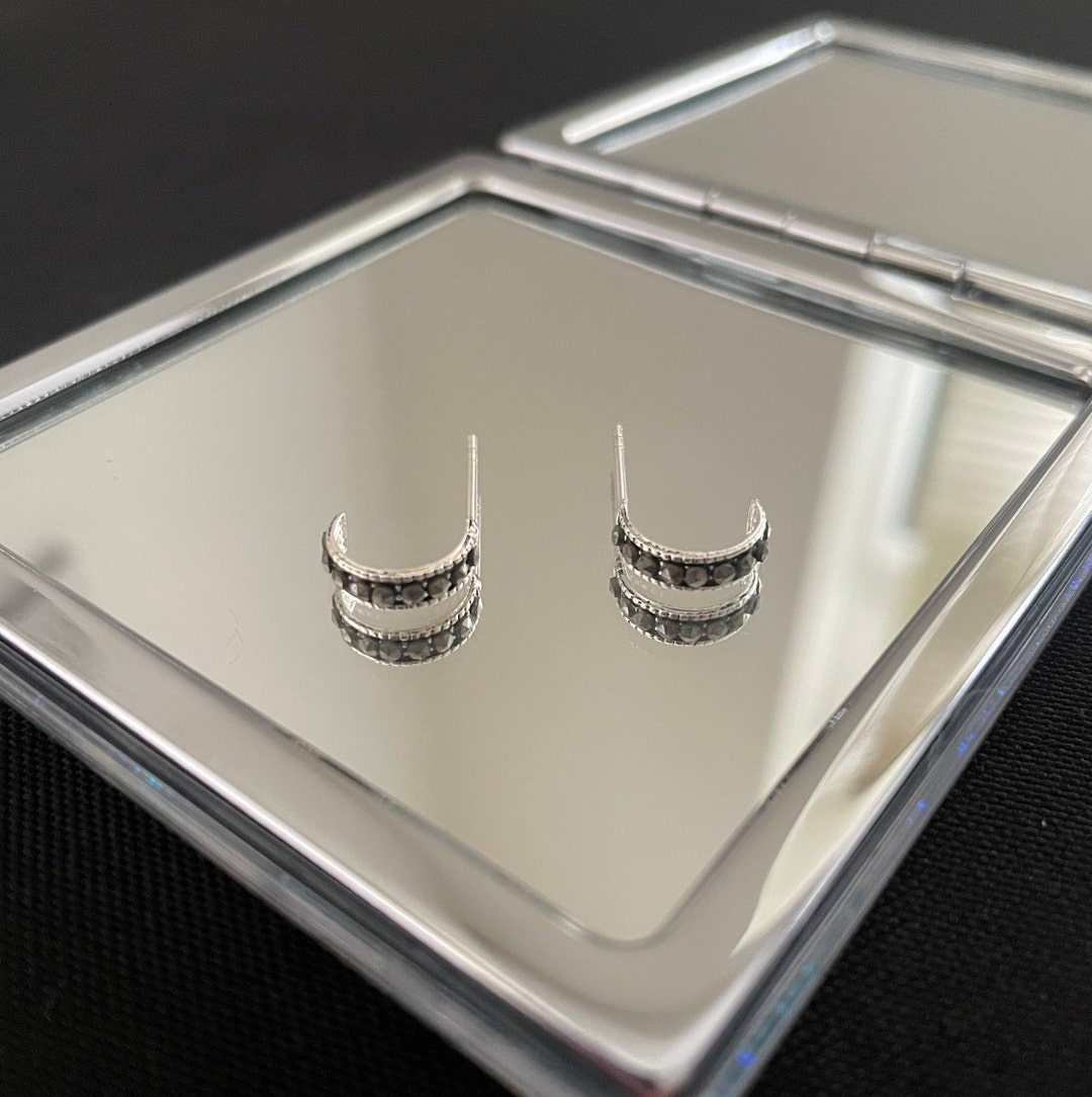 Gorgeous Natural Faceted Marcasite and 925 Sterling Silver Half Hoop ...