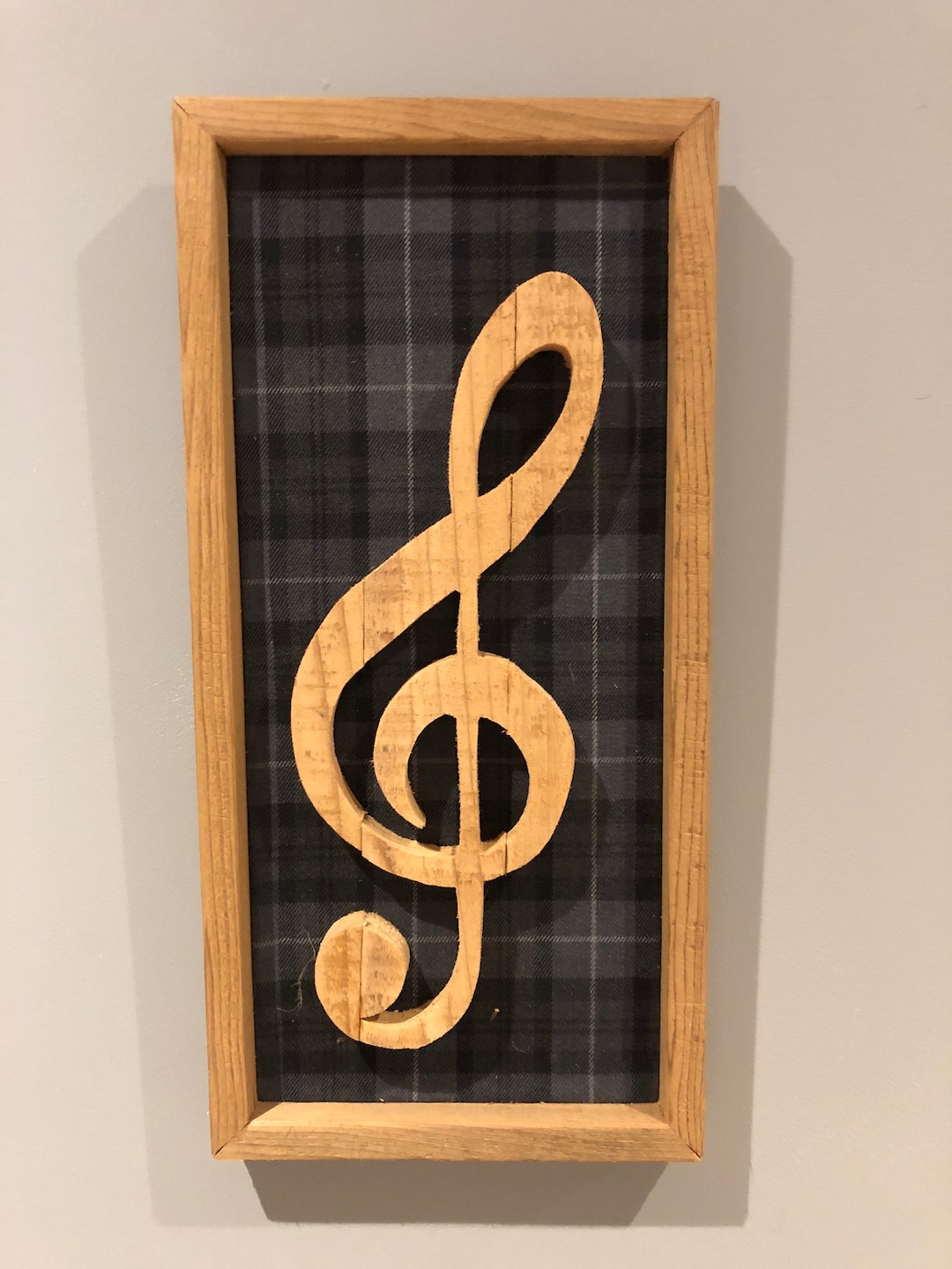 Handmade Treble Clef Cutout From Reclaimed Wood Set on Dark Grey Tartan ...