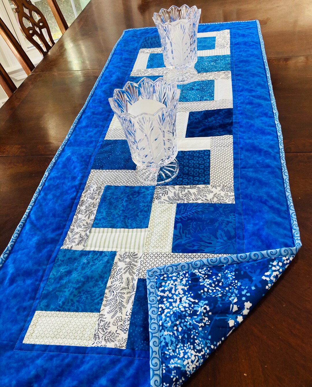 Quilted Table Runner. Blue and White Handmade 100% Cotton. 20x50 ...