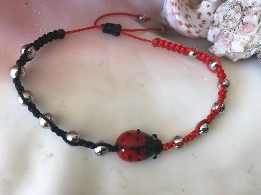 Glass Lamp Work Ladybug Macrame Friendship Wish Bracelet, Ladybug ...