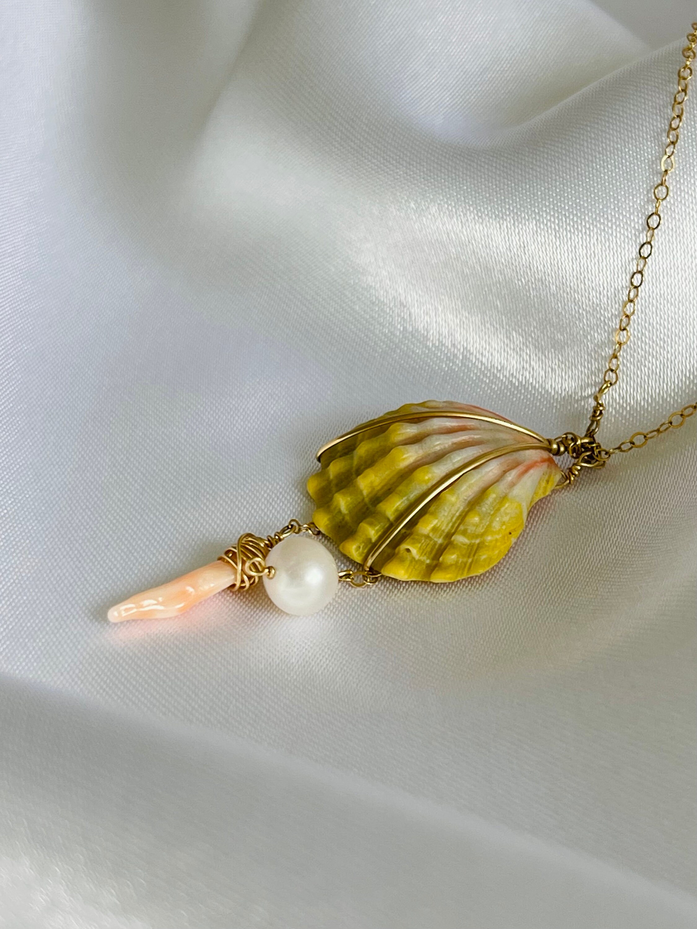 Sunrise Shell Necklace With Freshwater Pearl and Coral Sunrise Shell ...