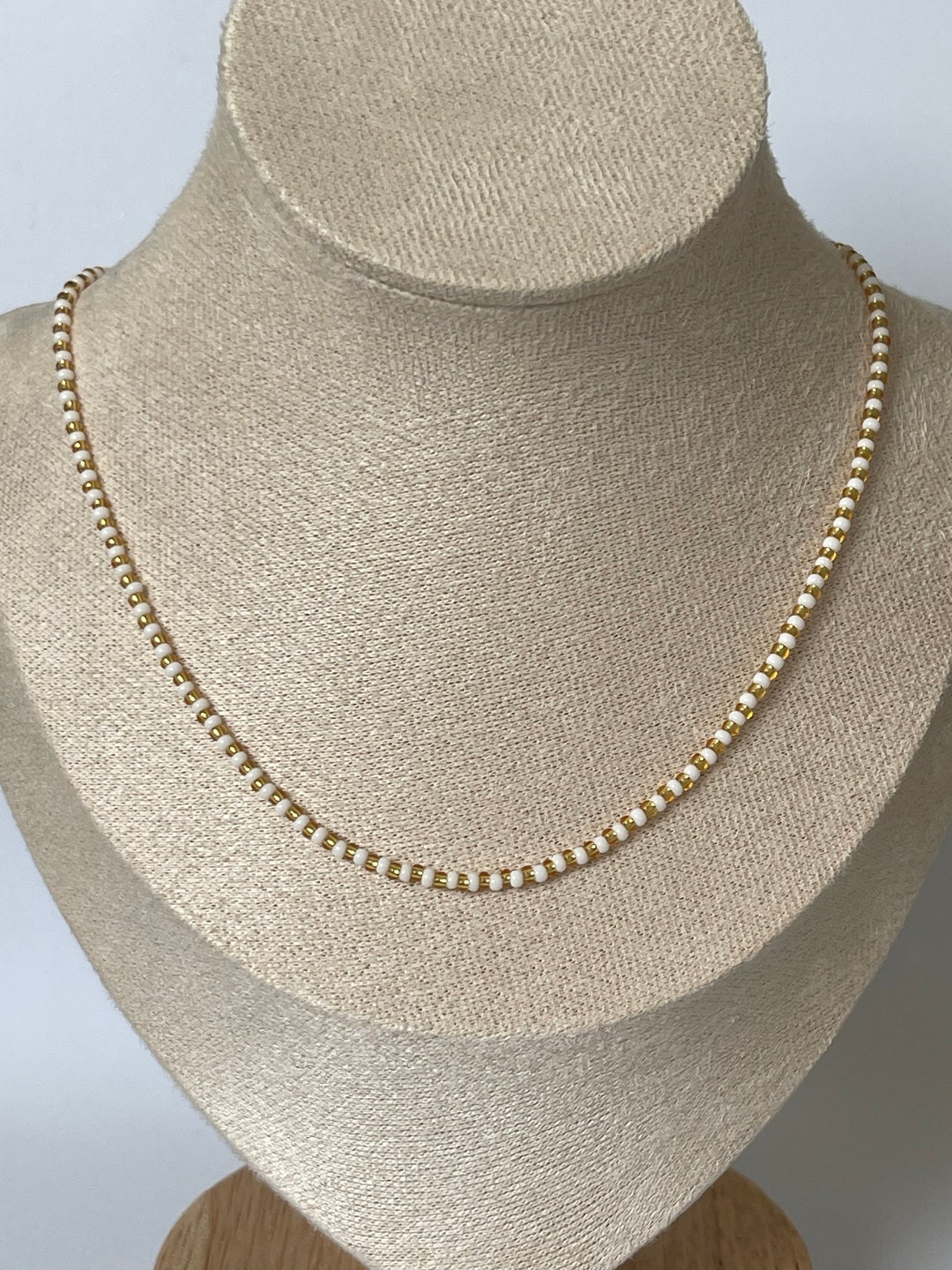 Azena Beaded Necklace, Gold and White Seed Bead Necklace, Sparkly Seed ...