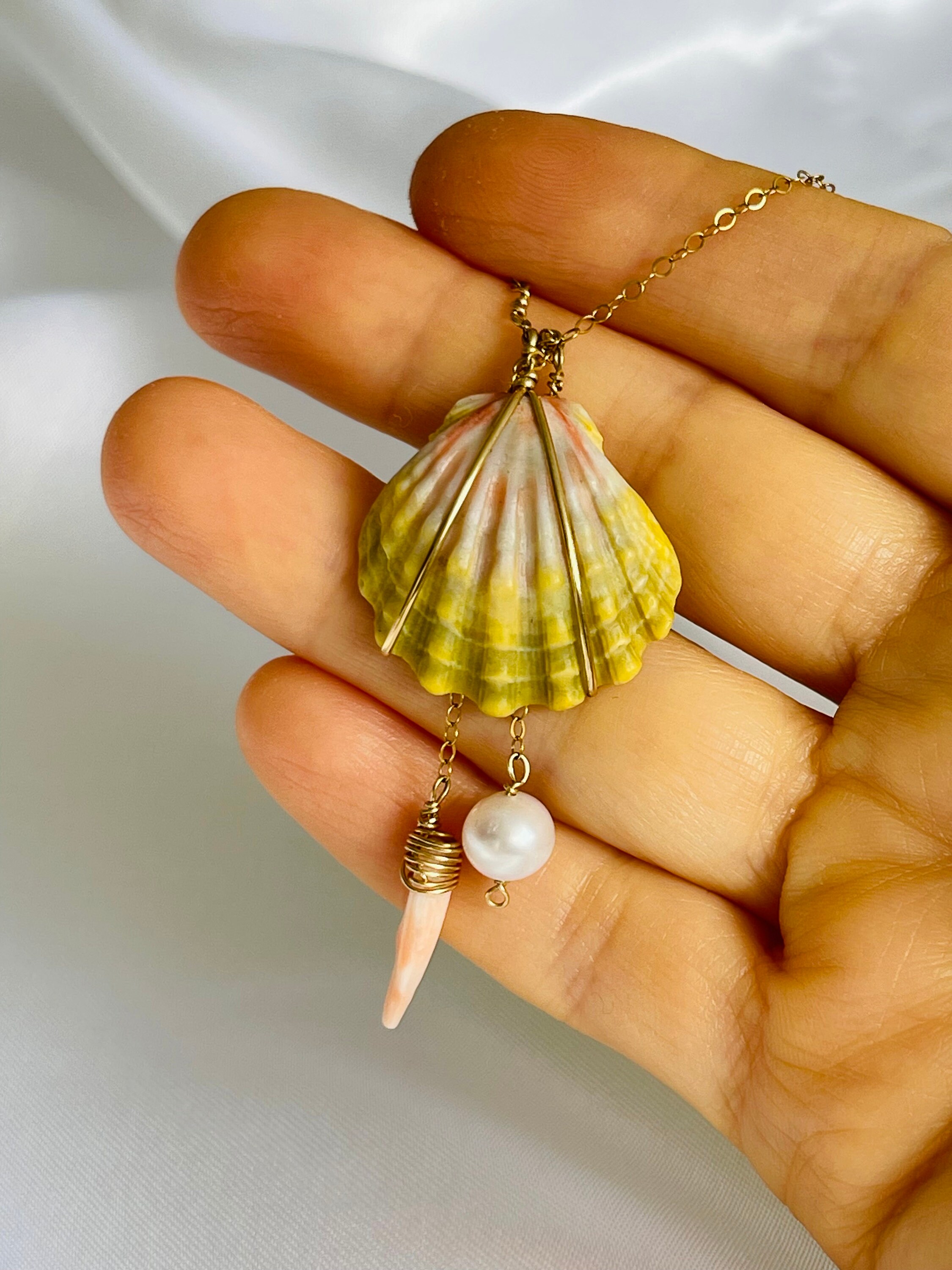 Sunrise Shell Necklace With Freshwater Pearl and Coral Sunrise Shell ...