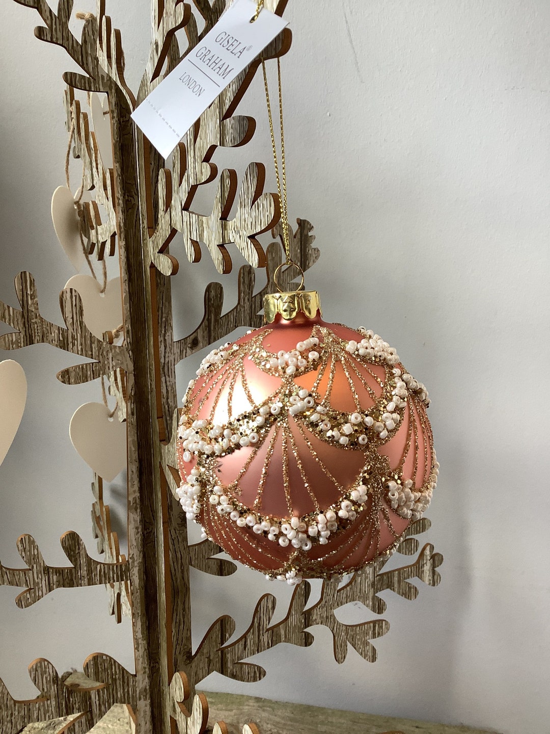 Gisela Graham Matt Dark Pink Glass Bauble, Rose Gold, White & Gold ...