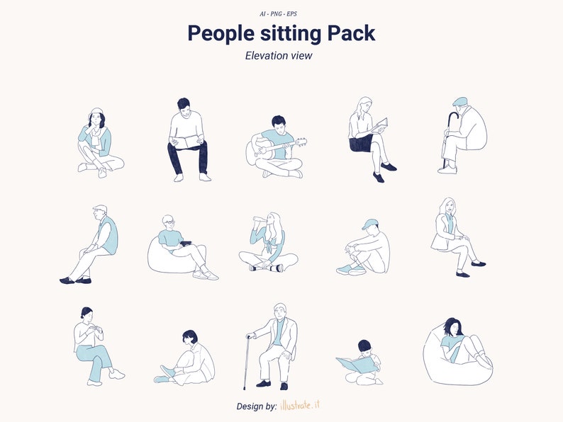 15 Set Flat Vector People - Sitting People Set Illustration - Line Art ...