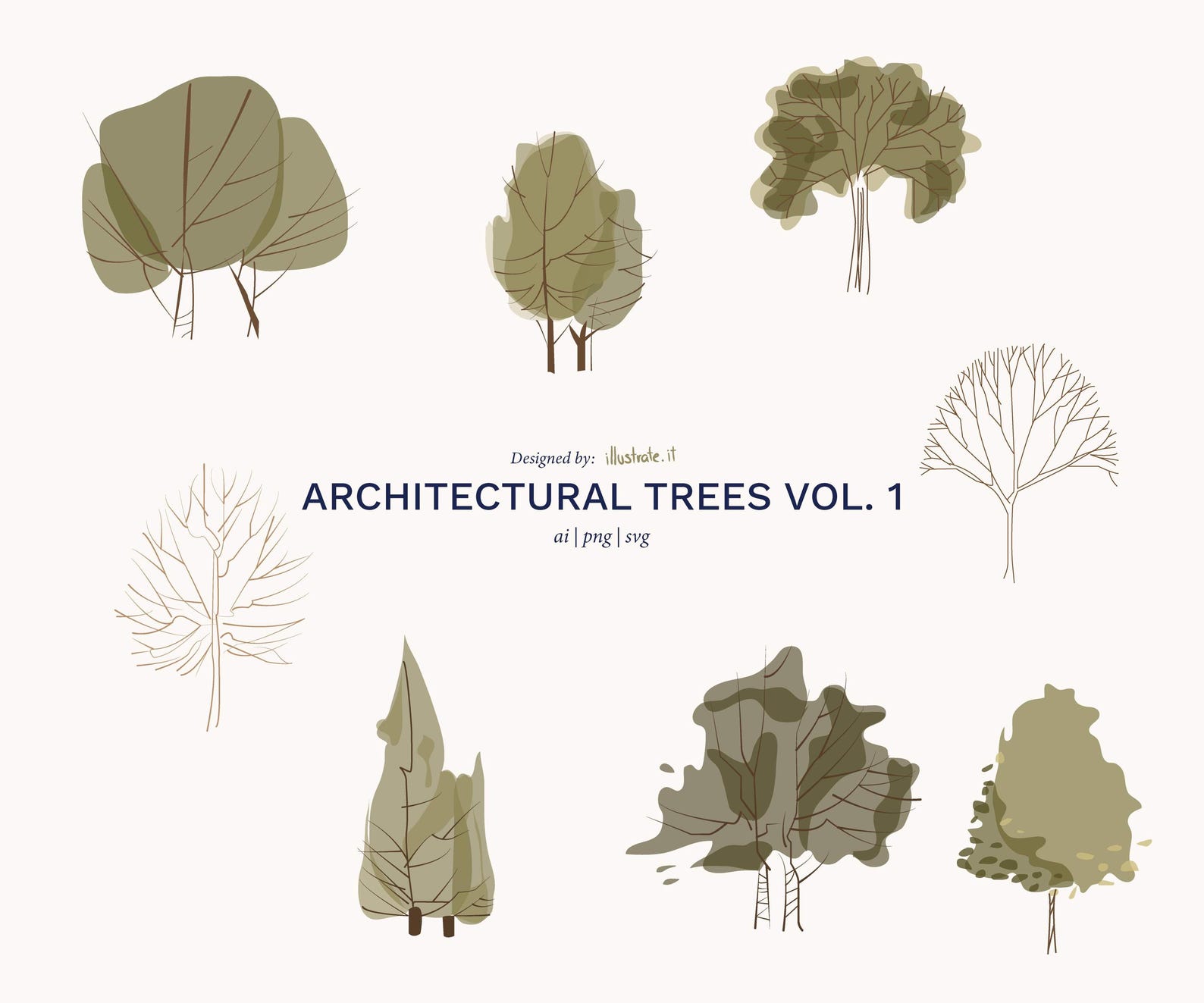 Architectural Tree Vector Set – Flat Style Illustrations (digital ...