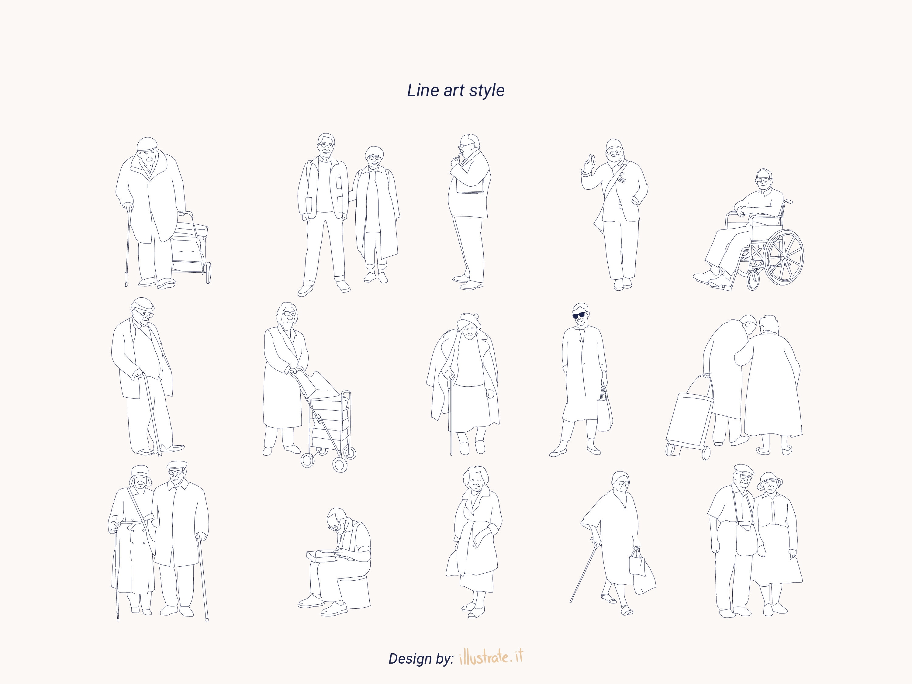 15 Set Flat Vector People - Old People Set Illustration - Line Art ...