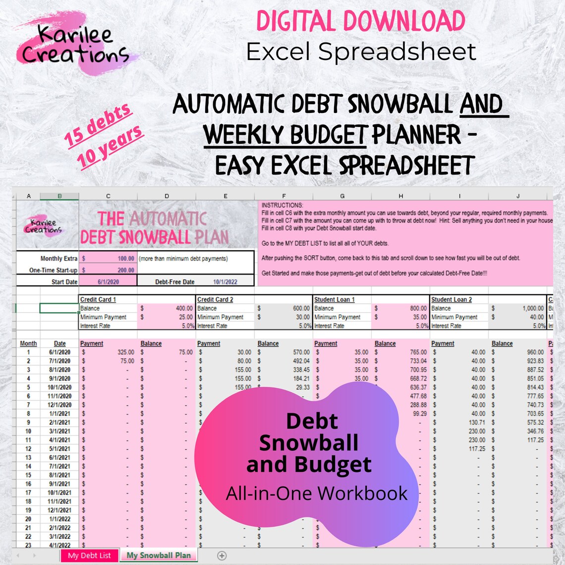 Automatic Debt Snowball and 52-week Budget Planner, 2 Files in 1 ...