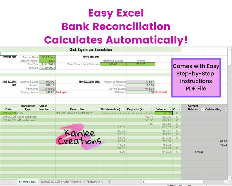 Easy Excel Check Register and Bank Reconciliation Template With Step by ...