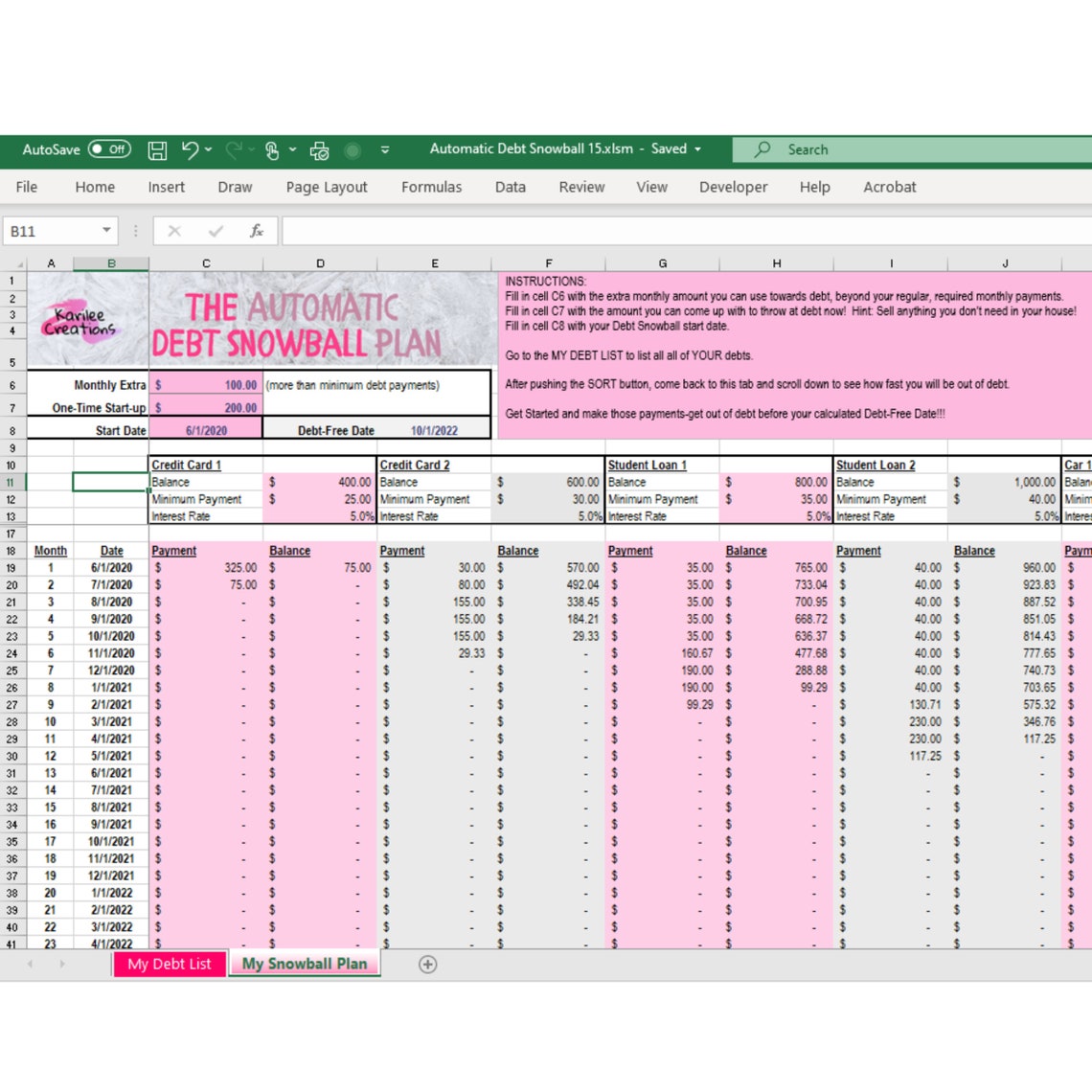 Automatic Debt Snowball Planner, Excel Spreadsheet Payoff Debt Tracker ...