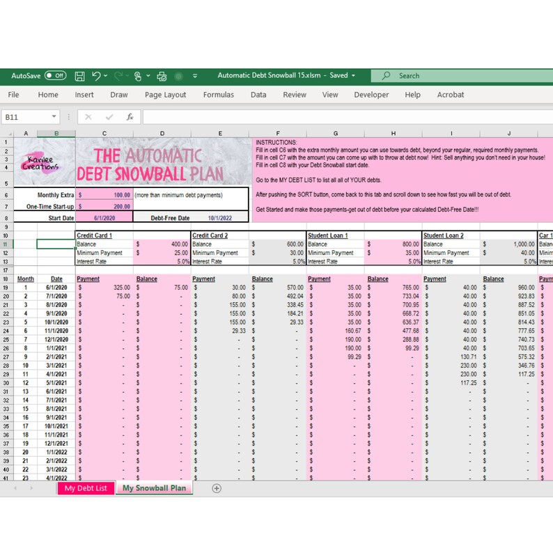 Automatic Debt Snowball Planner, Excel Spreadsheet Payoff Debt Tracker, Easy to Use Calculator ...