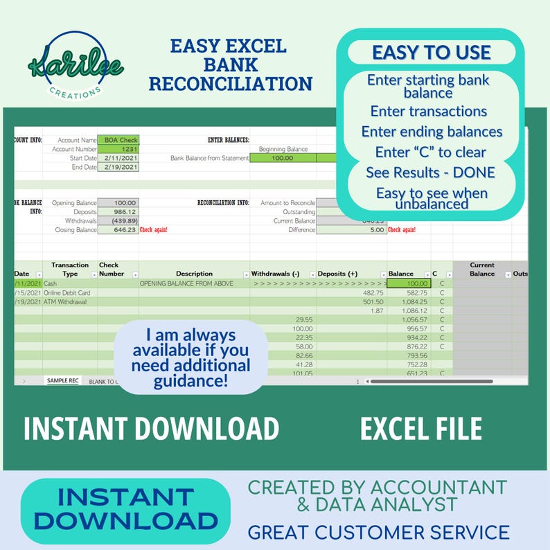 Easy Excel Check Register and Bank Reconciliation Template With Step by Step Instructions ...