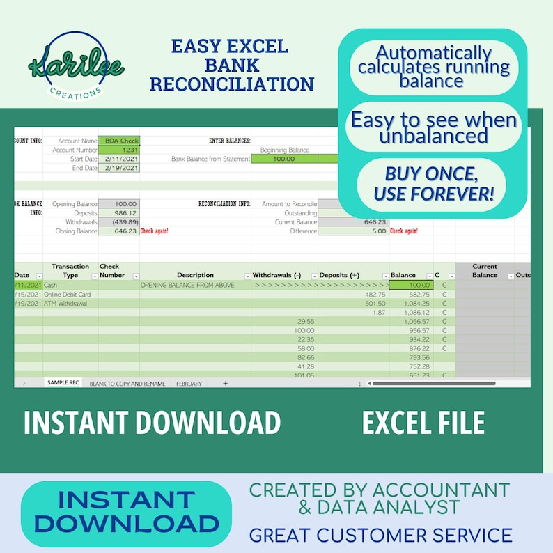 Easy Excel Check Register and Bank Reconciliation Template With Step by ...