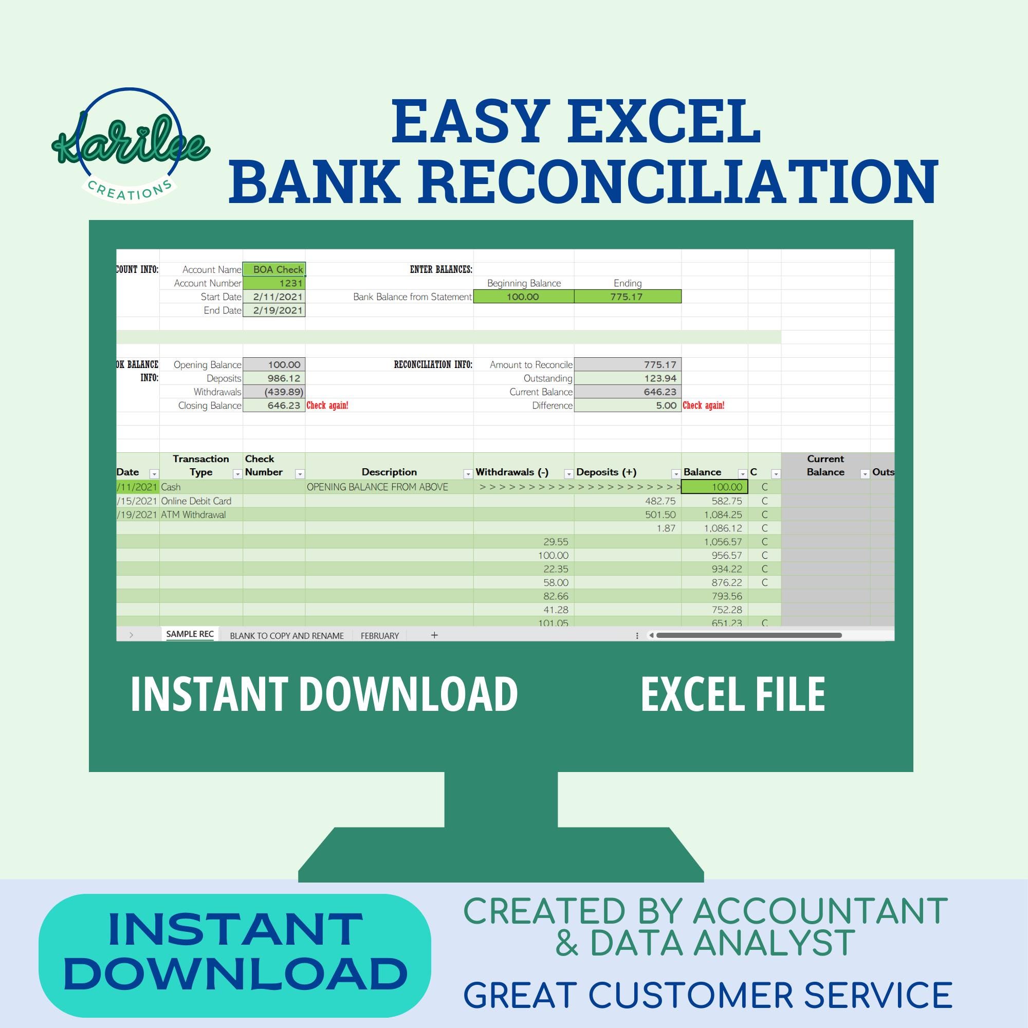 Easy Excel Check Register and Bank Reconciliation Template With Step by Step Instructions ...