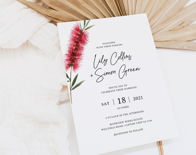 EDITABLE Wedding Invitation Native Flower Australian Rustic Minimalist ...