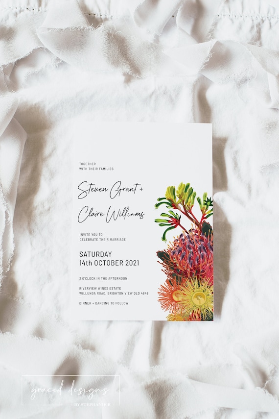 EDITABLE Wedding Invitation Native Flowers Australian | Etsy