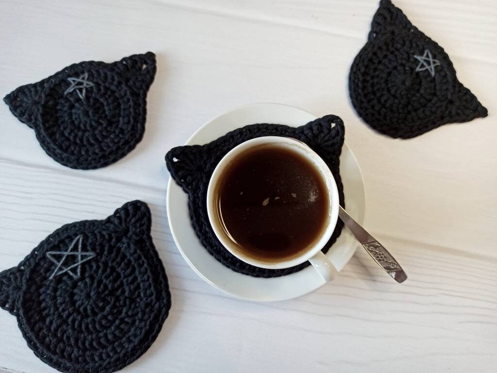 Set 4 Gothic Coasters, Black Cat Coasters, Crochet Coasters - Etsy