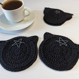 Set 4 Gothic Coasters, Black Cat Coasters, Crochet Coasters - Etsy