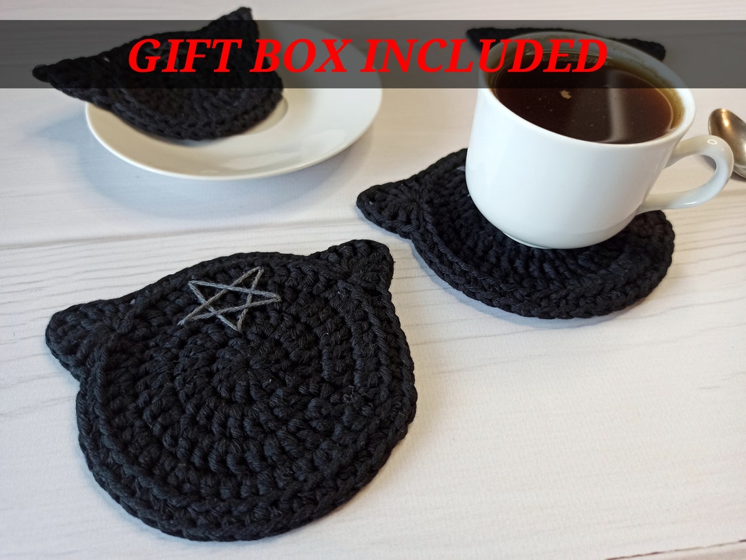 Set 4 Gothic Coasters, Black Cat Coasters, Crochet Coasters - Etsy