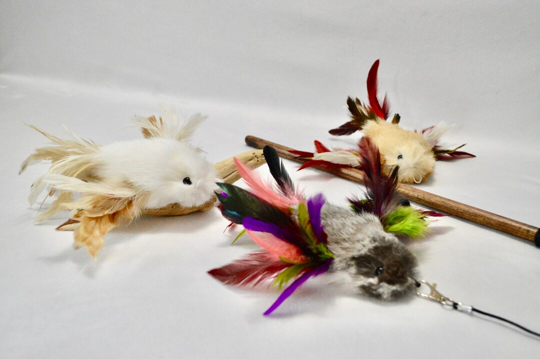 Rabbit Fur Bird With Feather Wings Feather Cat Toy / Natural Fur / Cat ...