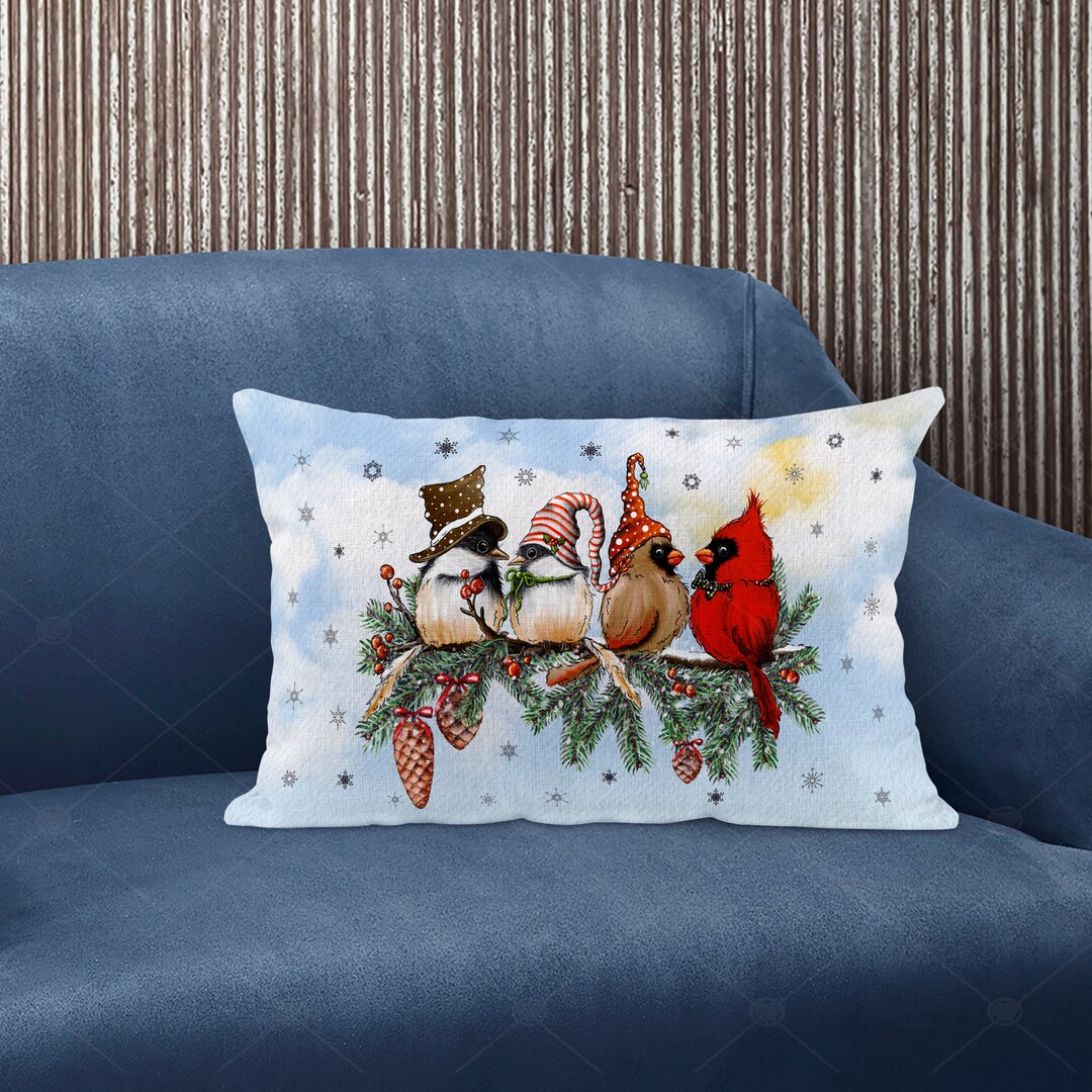 Holiday Linen Lumber Pillow Cardinals & Chickadees Love Birds Pillow ...