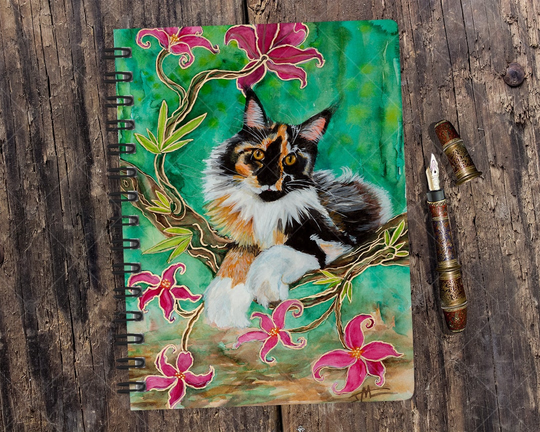 Spiral Notebook | Maine Coon Cat in the Garden | Painted Calico Cat ...