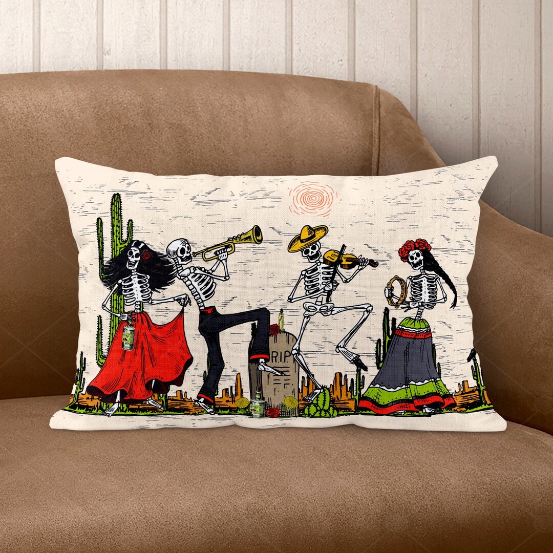Skeleton Musicians Linen Lumbar Pillow | Sugar Skull RIP Party | Day of ...