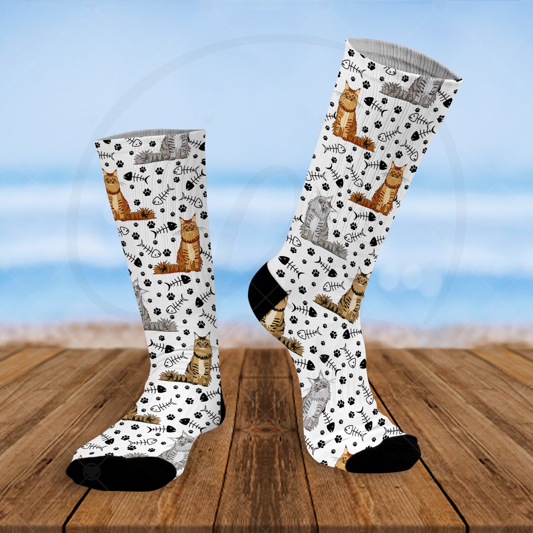 Crew Socks | Maine Coon Cat Socks | Fish Bone Paw Print | Fur Parent ...
