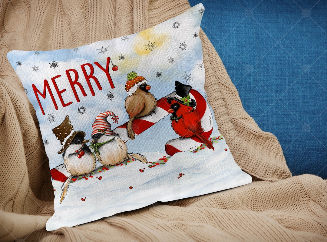 Holiday Linen Pillow Cover Merry Cardinals & Chickadees Candy Cane ...
