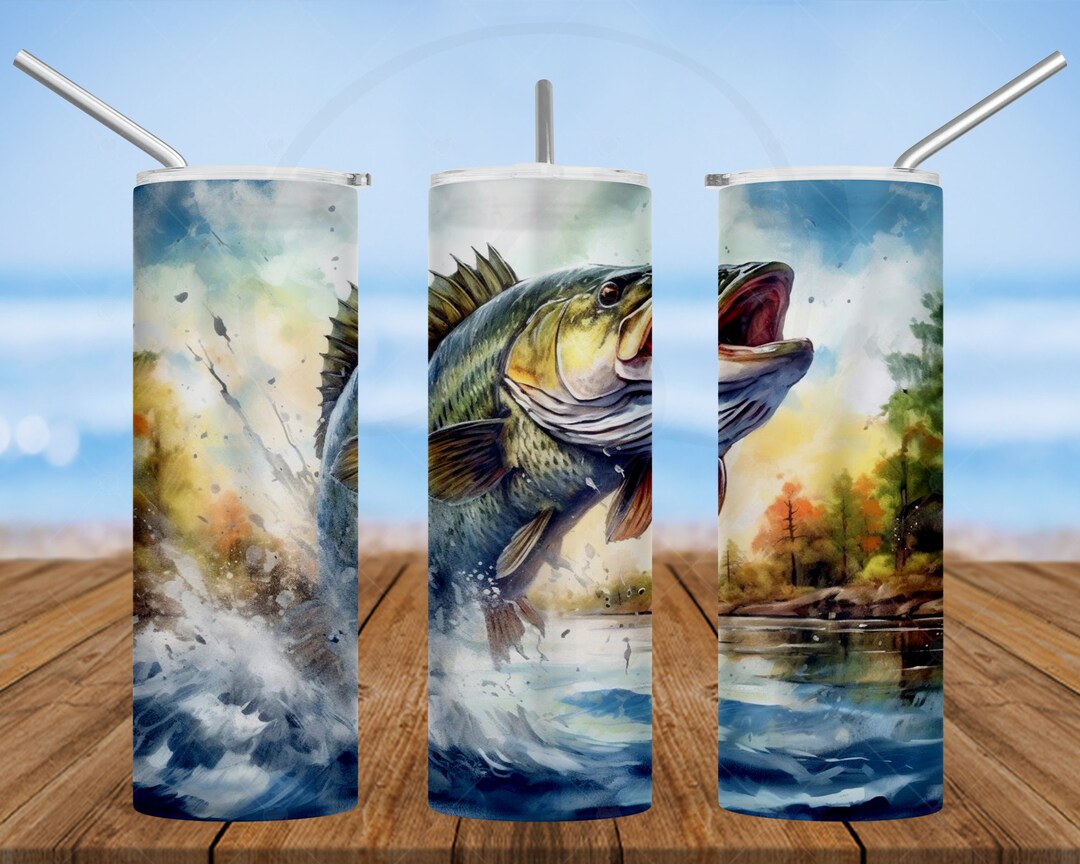25oz Frosted Glass Skinny Tumbler Jumping Bass Bass Fishing Watercolor ...