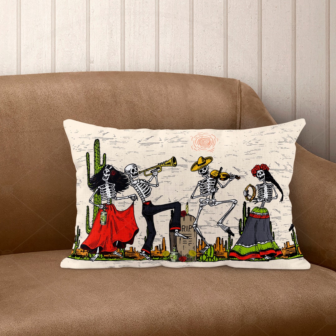 Linen Lumbar Pillow Vintage Sugar Skull RIP Party Skeleton Musicians ...