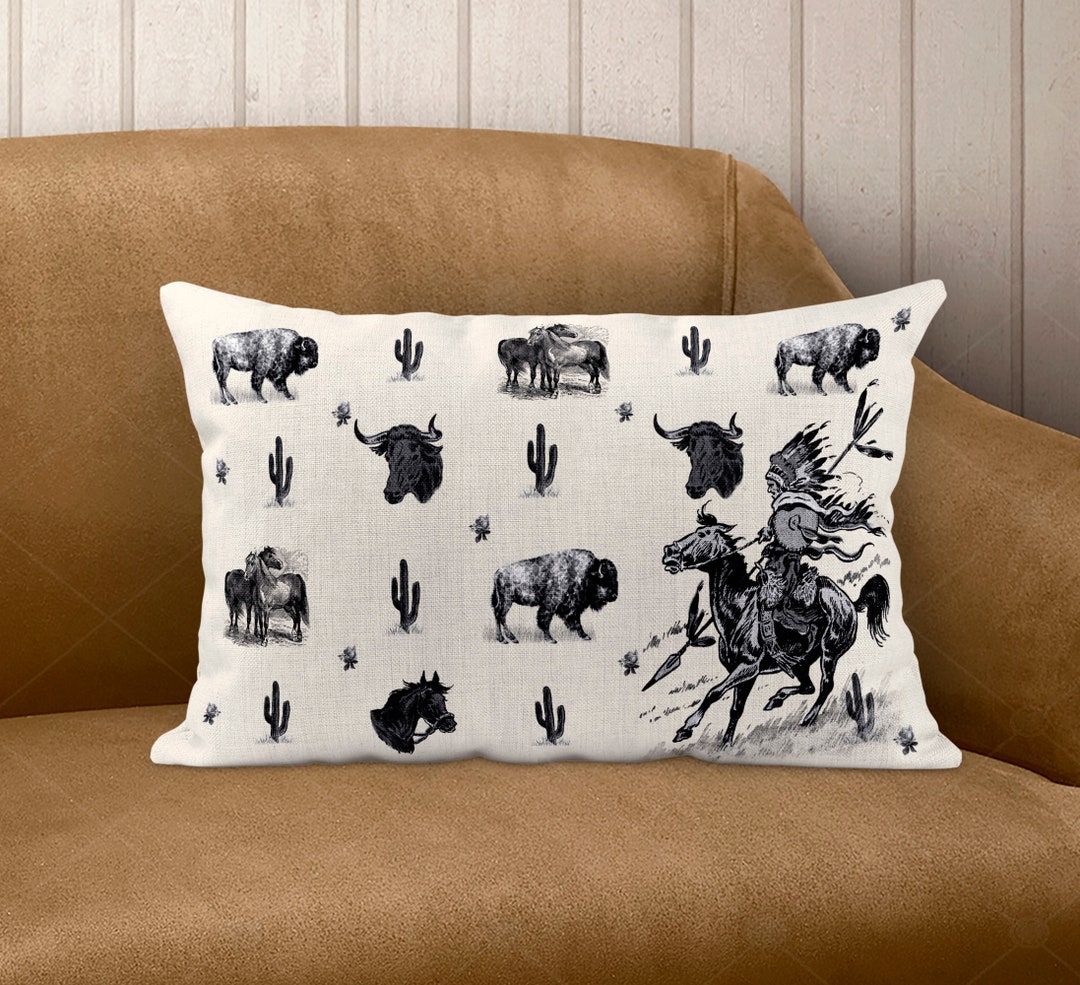 Linen Lumbar Pillow | Cowboy Indian Sketch Collage | Vintage Buffalo ...