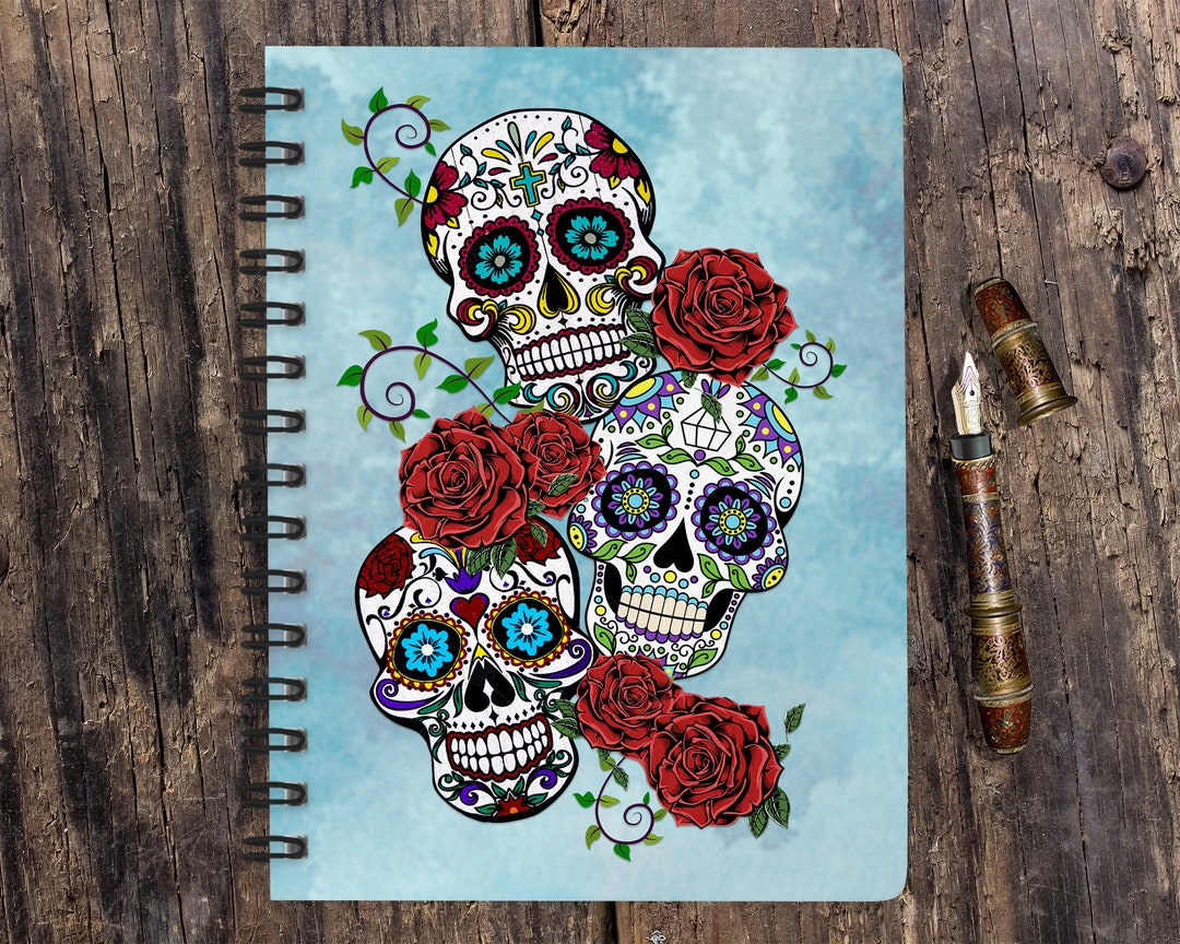 Spiral Lined Notebook Sugar Skulls & Roses Day of the Dead Calavera ...