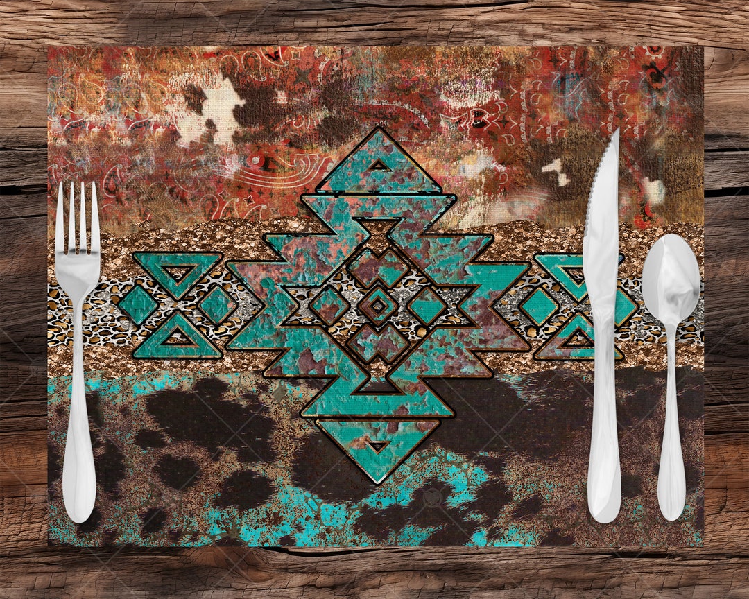 Linen Placemat | Western & Aztec Turquoise Designed Print | Native ...