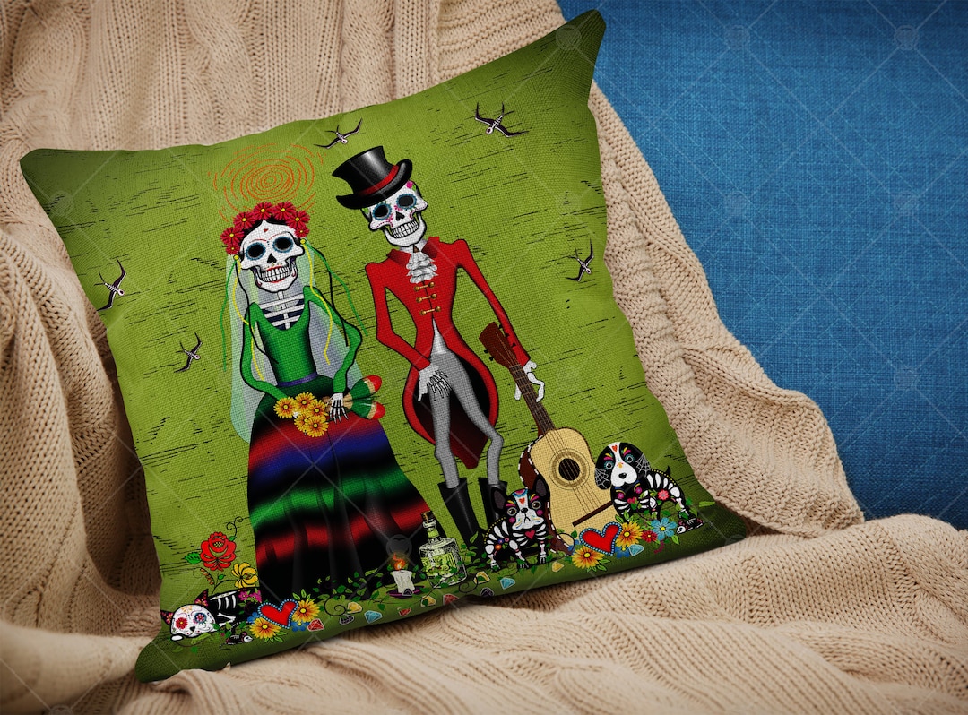 Linen Pillow Sugar Skull Catrina & Gentleman Green Dia De Los Muertos ...